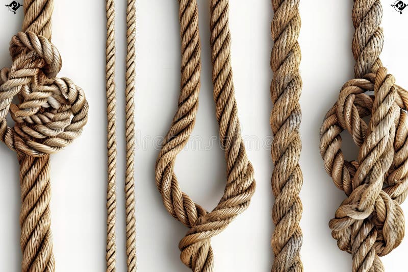 Different Rope Knots on a White Background, Knotted in Horizontal Lines ...