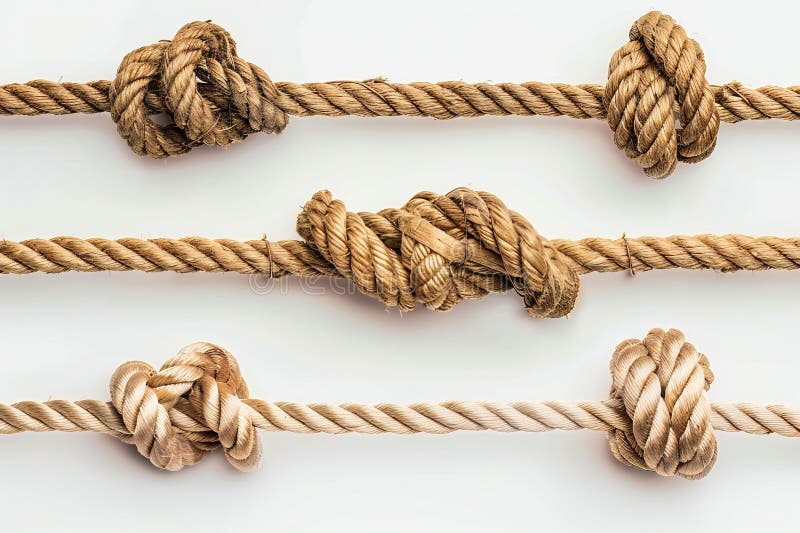 Different Rope Knots on a White Background, Knotted in Horizontal Lines ...