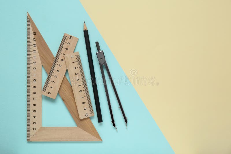 Different Rulers and Compass on Light Blue Background, Flat Lay Stock ...