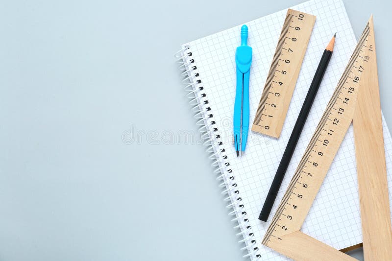 Different Rulers and Compass on Light Blue Background, Flat Lay Stock ...