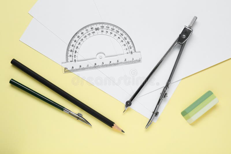 Different Rulers and Compass on Yellow Background, Flat Lay Stock Photo ...