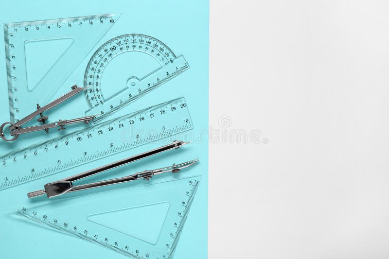 Different Rulers and Compass on Light Blue Background, Flat Lay Stock ...