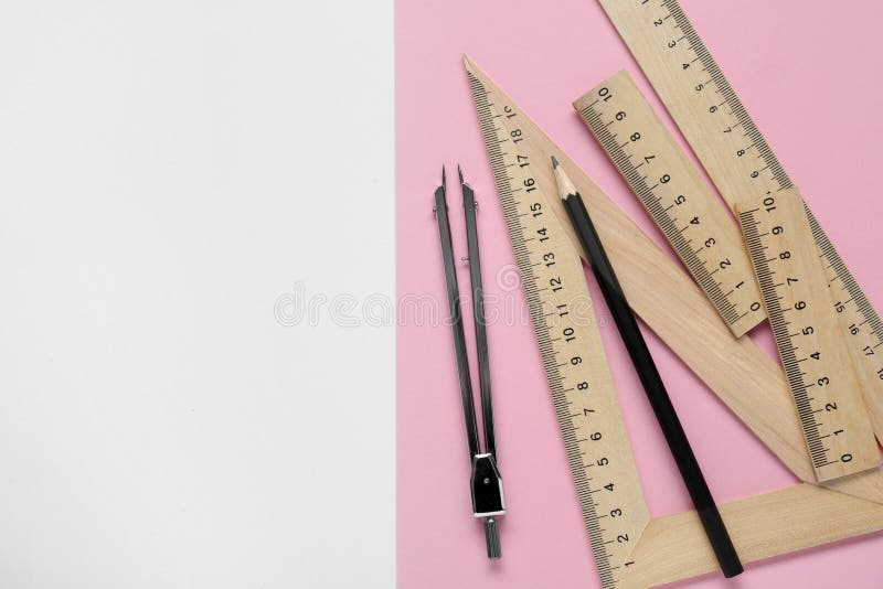 Different Rulers, Pencil and Compass on Color Background, Flat Lay ...