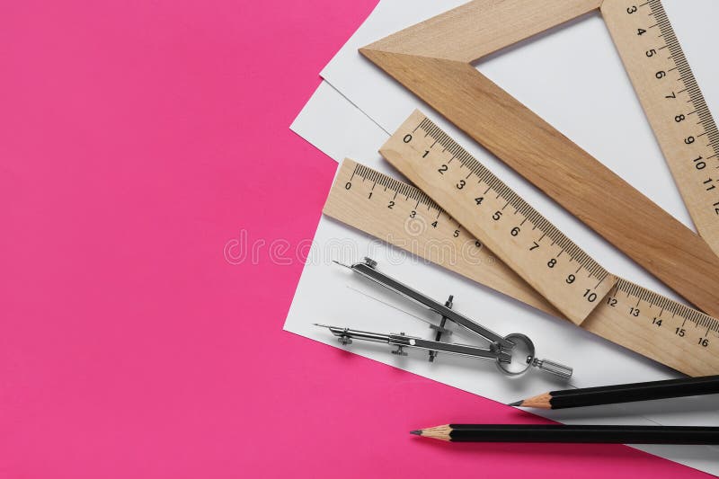 Different Rulers, Pencils and Compass on Pink Background, Flat Lay ...