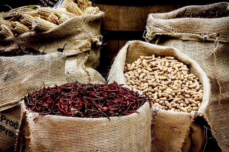 Different Sacks with Chiles, Peanuts and Corn. Stock Image - Image of ...
