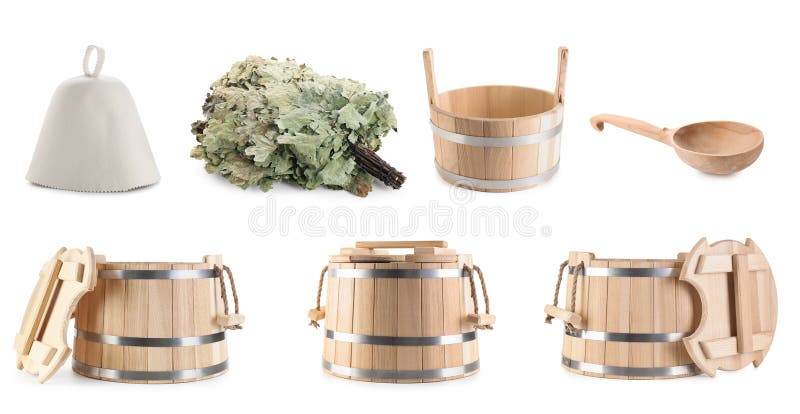 Different Sauna Items Isolated on White, Set Stock Image - Image of ...