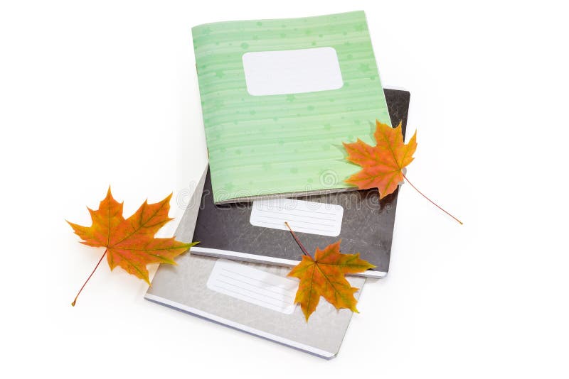 Different School Exercise Books with Spiral Binding and Autumn Leaf ...