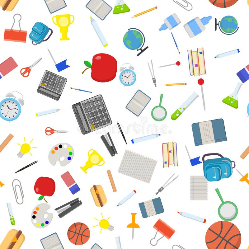 Different School Objects in Good Seamless Pattern. Flat Vector ...