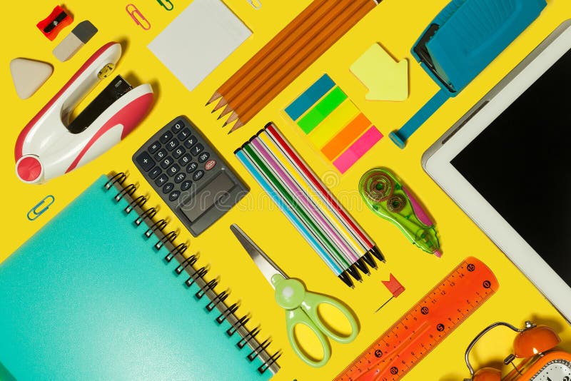 Different School Stationary on a Yellow Background Stock Image - Image ...