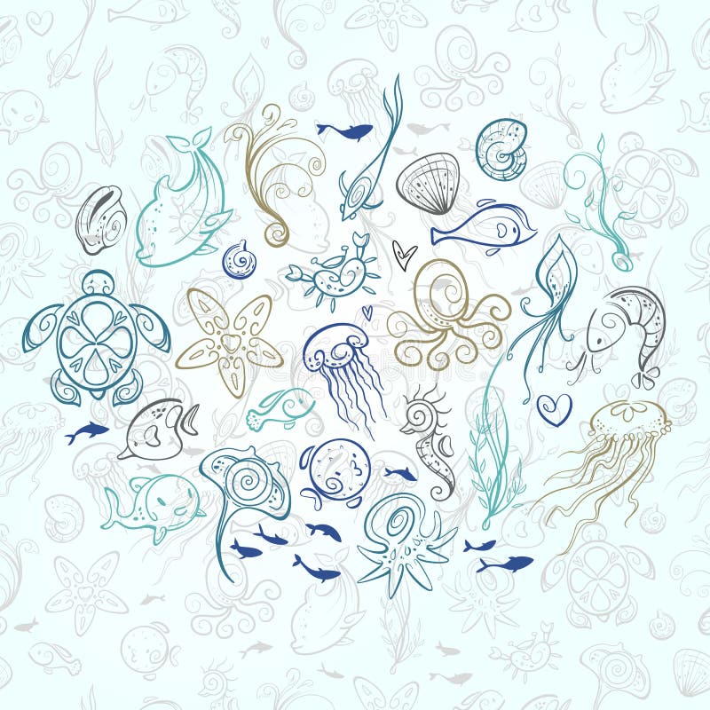 Sea and ocean creatures stock vector. Illustration of ocean - 159141571