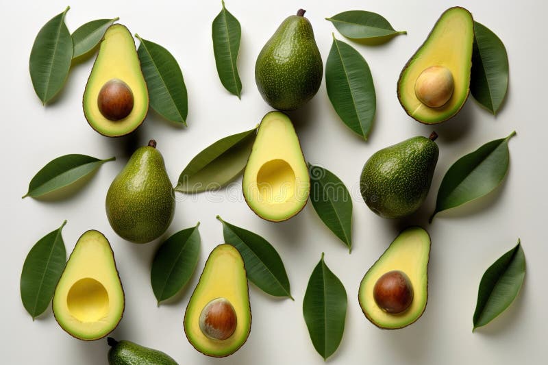 Different Sections of Cut Avocados and Leaves on a White Background ...