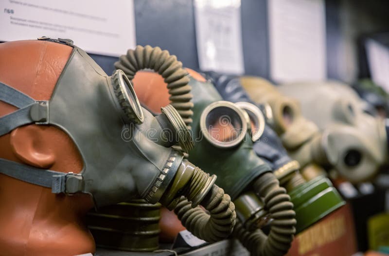 Different Set Gas Mask are in Row on Black Background Stock Image ...