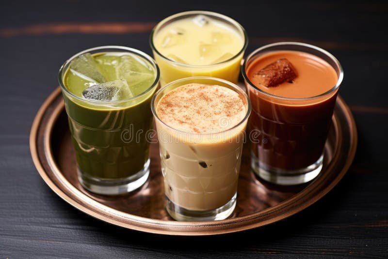 Different Shades of Iced Matcha Tea on a Metal Tray Stock Image - Image ...