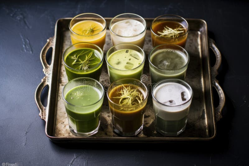 Different Shades of Iced Matcha Tea on a Metal Tray Stock Image - Image ...