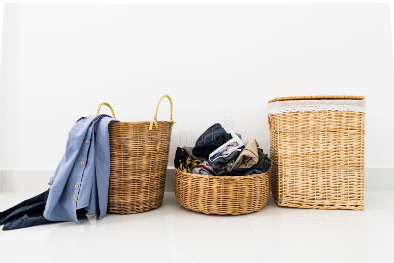 Different Shape of Wicker Basket Full of Laundry Clothes in Clean White ...
