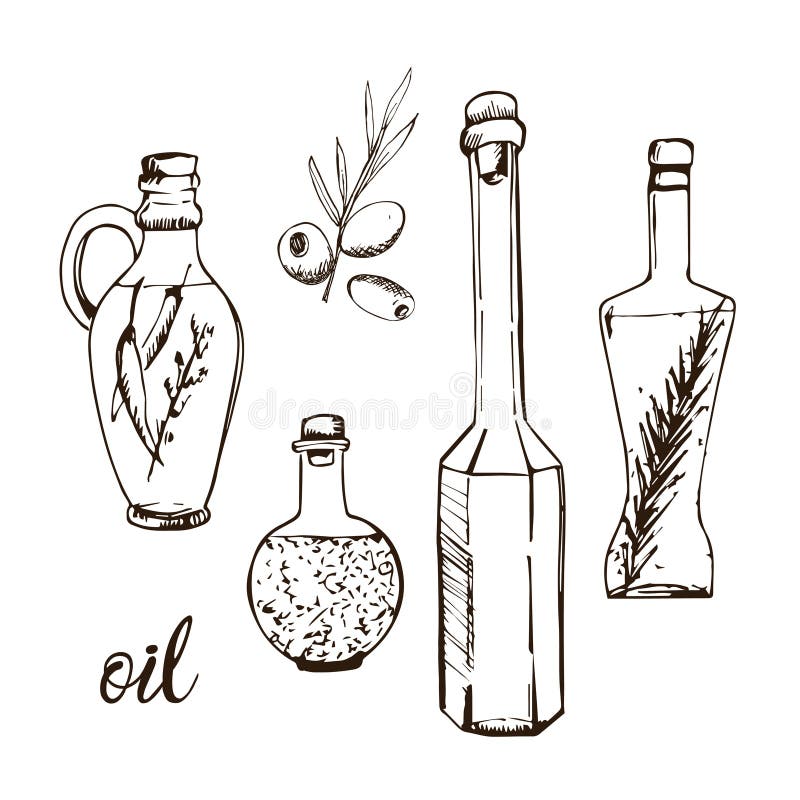 Oil Bottles Hand Drawn Sketch. Stock Vector - Illustration of symbols ...