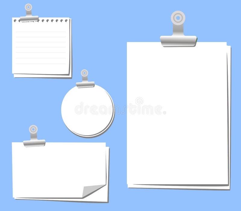 Different Sheets of Note Papers and Paper Clips on Blue Background ...
