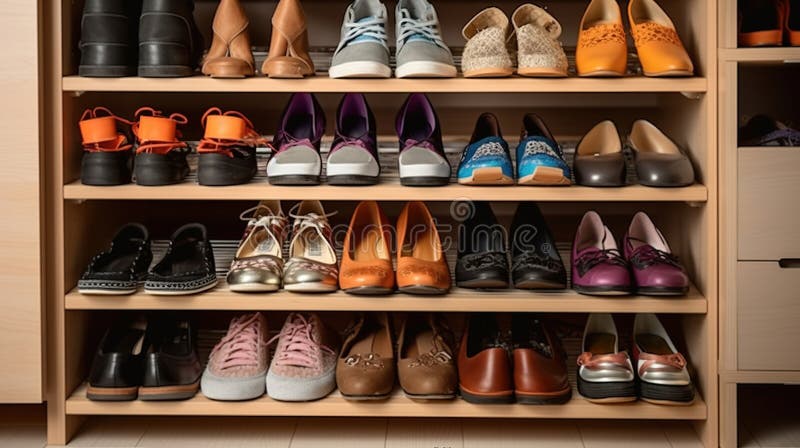 Different Shoes on Shelves of Wardrobe Closet. Generative AI Stock ...