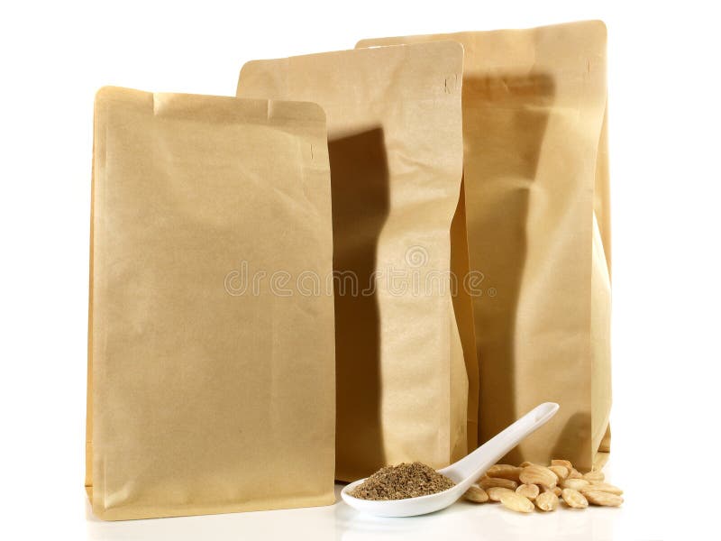 Different Size Paper Bags with Foods and Nutrients Isolated on White ...
