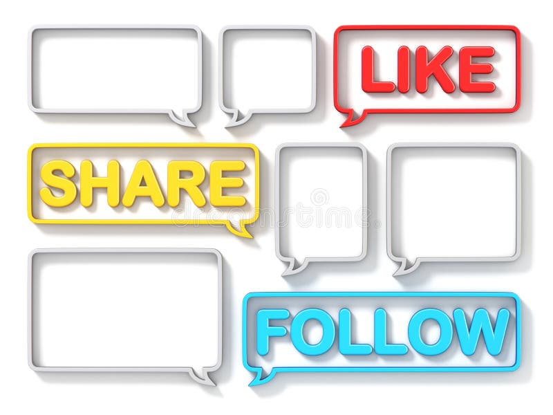 Different Size Speech Bubbles LIKE, SHARE, FOLLOW Concept 3D Stock ...