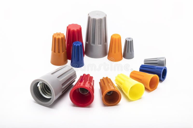 Different Sizes and Colors of Wire Nut Connecters on White Background ...