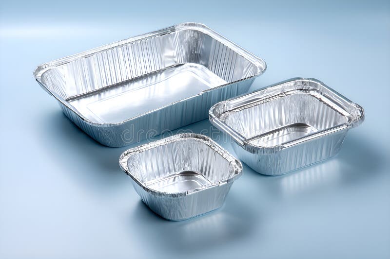Different Sizes of Empty Aluminum Foil Food Containers on a Light Blue ...