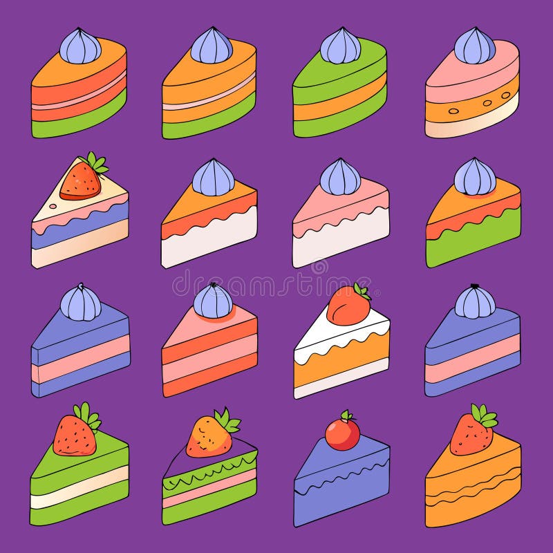 16 Different Slice Cakes Set Stock Illustration - Illustration of ...