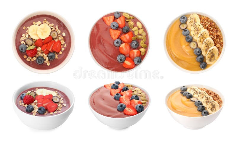 Set of Different Smoothie Bowls Isolated on White, Top View Stock Photo ...