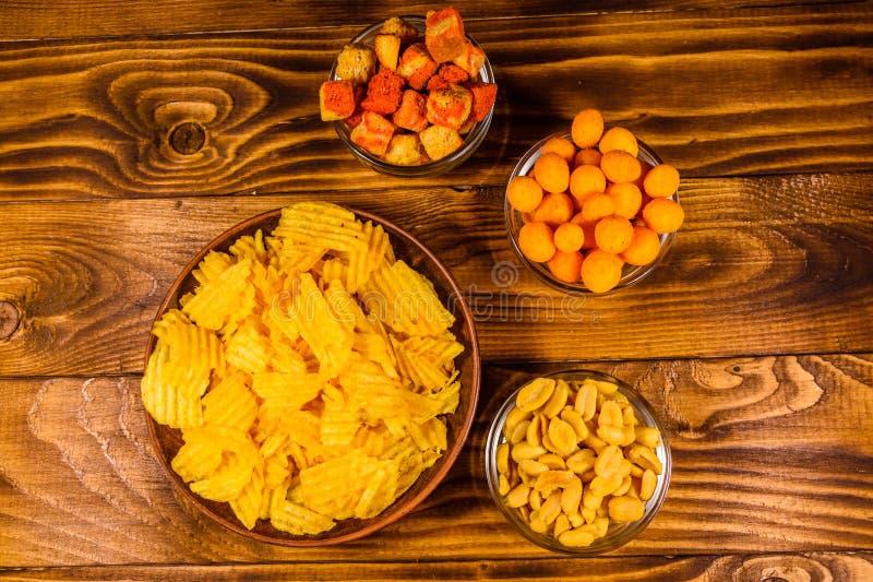 Different Snacks for Beer on Wooden Table. Top View Stock Image - Image ...