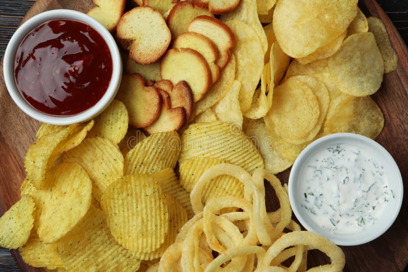 Different Snacks and Bowls of Sauce, Top View Stock Image - Image of ...