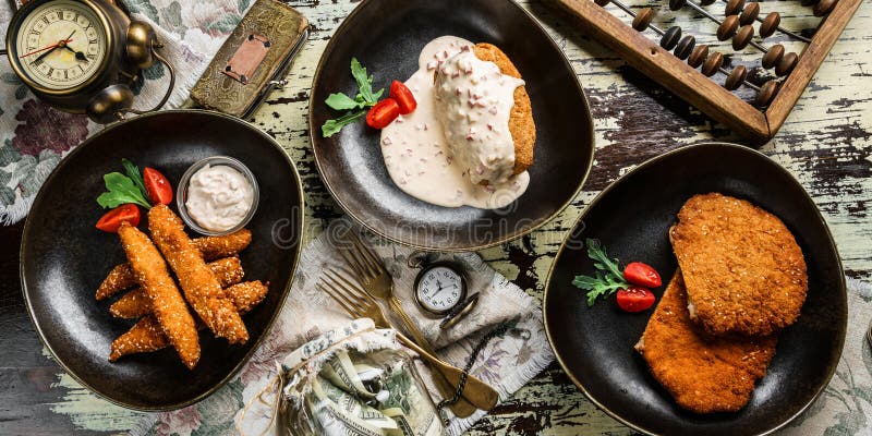 Different Snacks with Meat, Crispy Breaded Chop, Breaded Meat and Meat ...