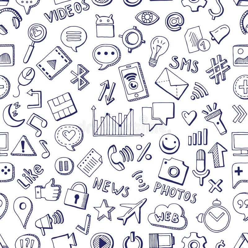 Different Social Media Icons in Hand Drawn Style. Vector Seamless ...