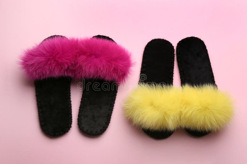 Different Soft Slippers on Light Pink Background, Flat Lay Stock Image ...
