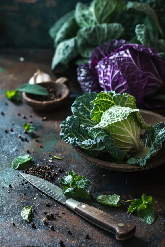 Different Sort of Cabbage on Dark Background Stock Image - Image of ...
