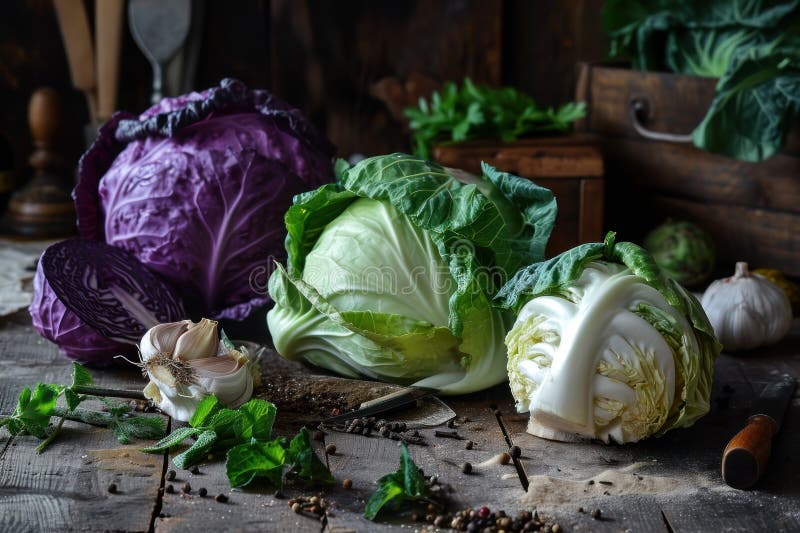 Different Sort of Cabbage on Dark Background Stock Image - Image of ...
