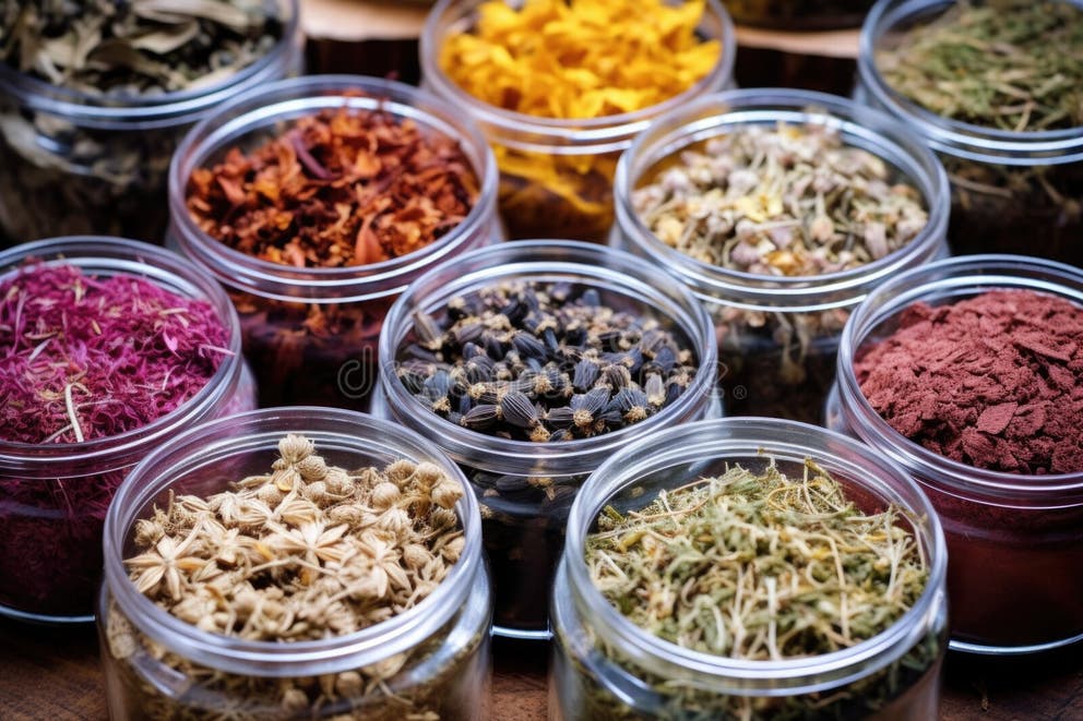 Different Species of Dried Botanicals in Separate Containers Stock ...