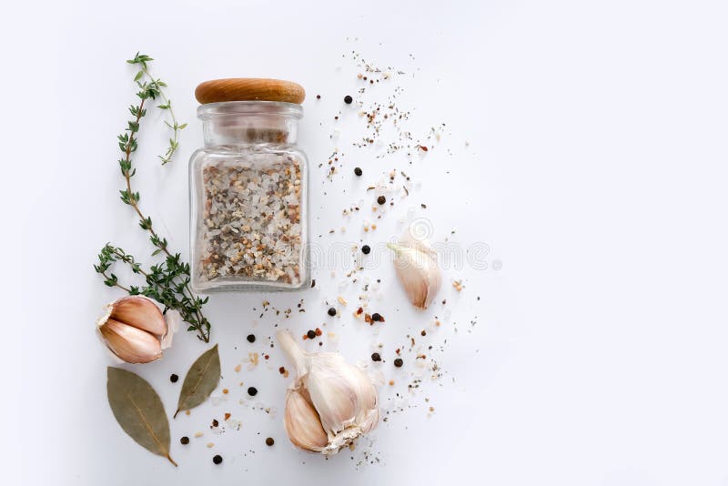 Different Spices and Garlic on Light Grey Background, Top View. Stock ...