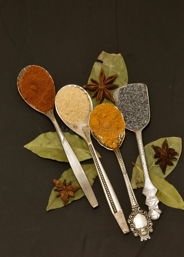 Different Spices in Silver Spoons Stock Image - Image of plant, spuce ...