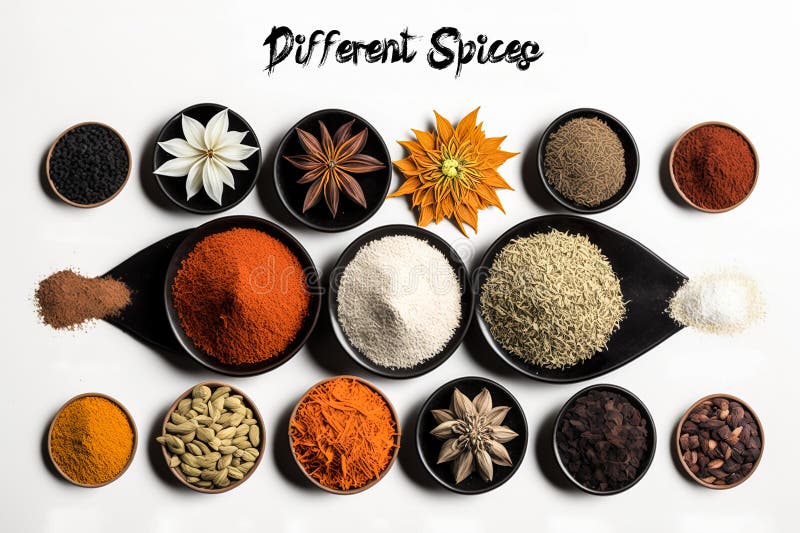 Different Spices in Small Bowls Isolated on White Background ...