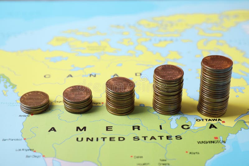 Different Stacks of Coins Near USA on Map Stock Image - Image of ...