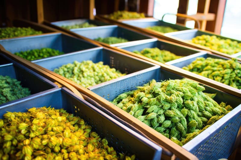 Different Stages of Hops, Stored in Different Colored Bins Stock Image ...