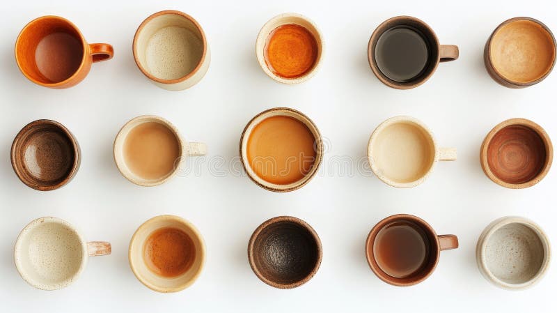 Variety of Coffee Cups Arranged in a Creative Layout on White Surface ...