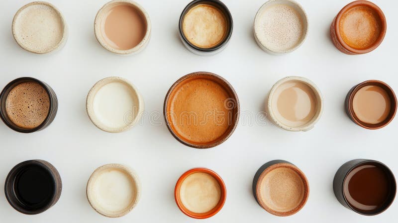 Variety of Coffee Cups Arranged in a Creative Layout on White Surface ...