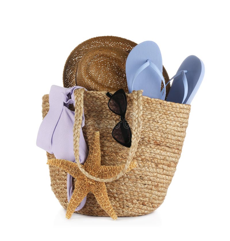 Different Stylish Beach Accessories on White Background Stock Image ...