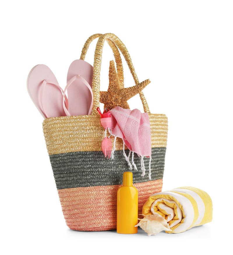 Different Stylish Beach Accessories on White Background Stock Photo ...