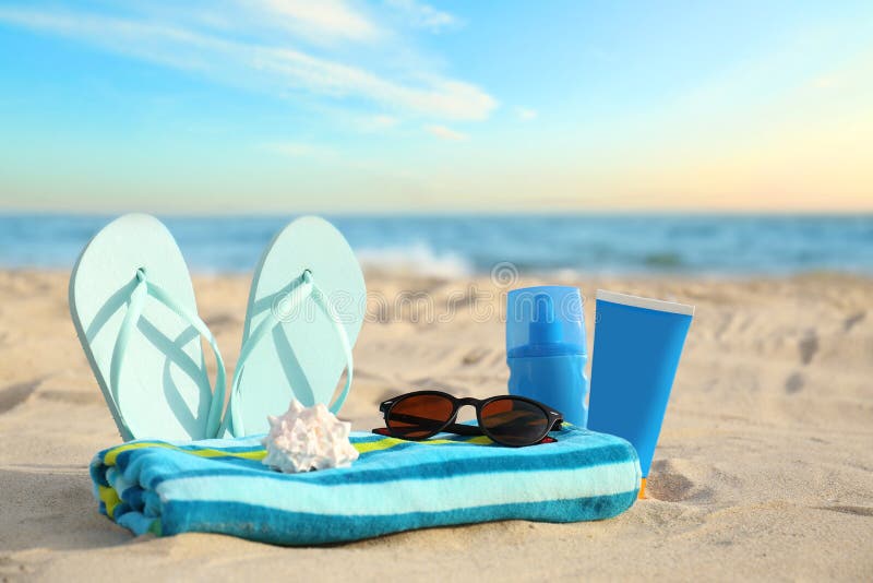 Different Stylish Beach Objects and Seashell on Sand Stock Image ...