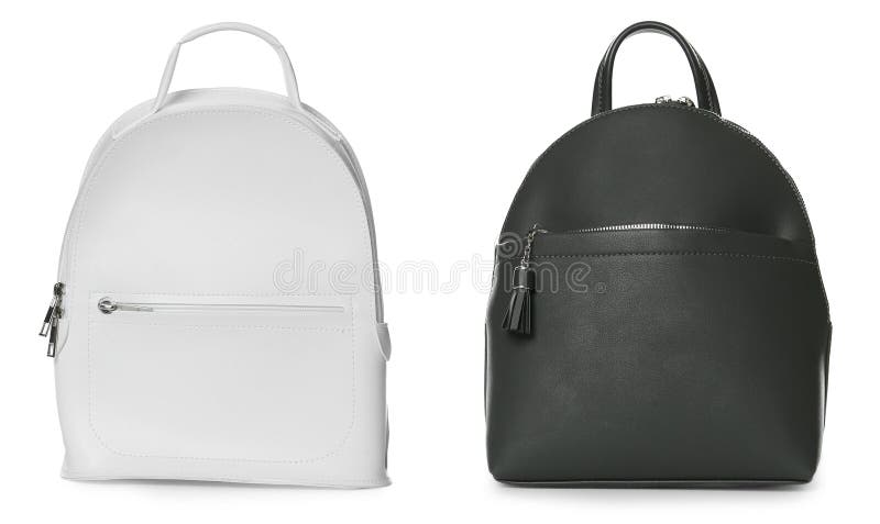 Different Stylish Leather Backpacks on White Background Stock Photo ...