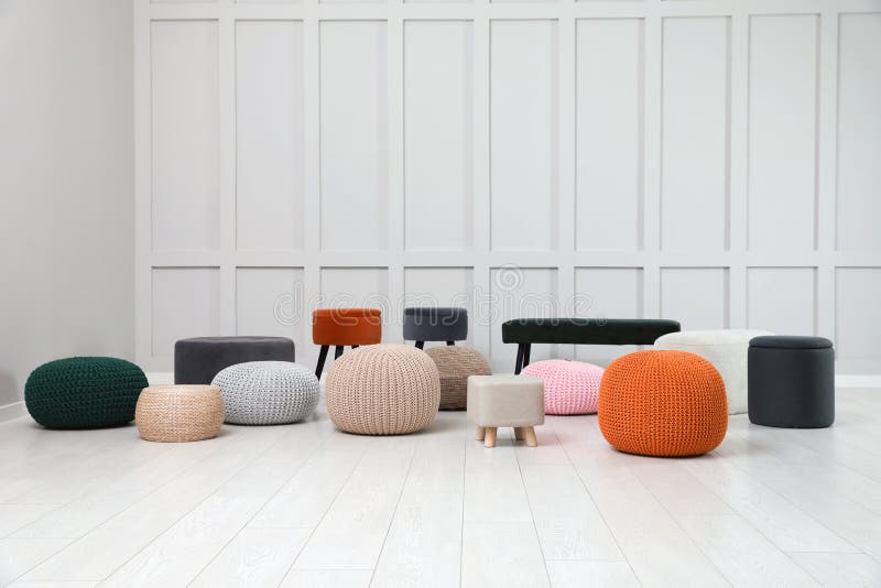 Different Poufs and Ottomans in Room Stock Photo - Image of luxury ...