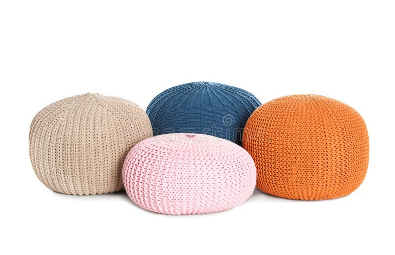 Different Stylish Poufs on White Background. Home Design Stock Photo ...