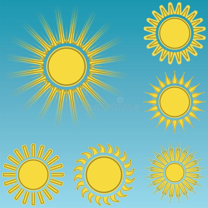 Different Sun Icons Set Blue Sky Background Stock Vector - Illustration ...